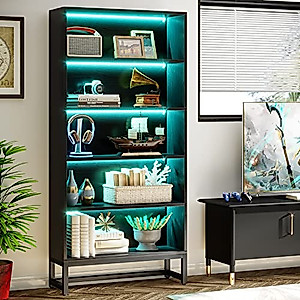 LED Bookcase, 70.8” Tall Bookshelf with Closed Back Shelf, 5-Tier Large Bookcases Organizer with Storage Shelves, Heavy Duty Freestanding Library Book Cases Shelving Unit for Living Room, Bedroom