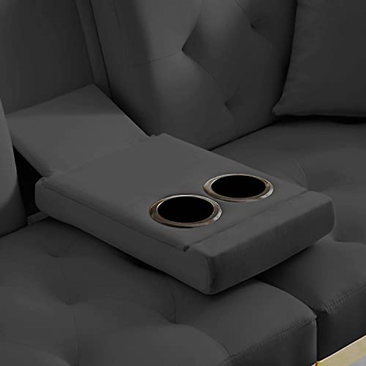 Futon Sofa Bed with Cup Holder, JEEOHEY 69" W Convertible Sleeper Sofa with 6 Metal Golden Legs & 2 Pillows & 2 Pockets, Small Loveseat Sofa w/Split back for Living Room, Apartment, Small Space, Black