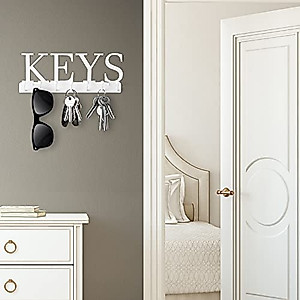 HLWDFLZ Key Holder for Wall - Wall Mounted Key Hangers with 7 Key Hooks, Wall Decorative Organizer Rack for Entryway Mudroom Front Door Kitchen Hallway Office 10 X 4 inches (White Keys)