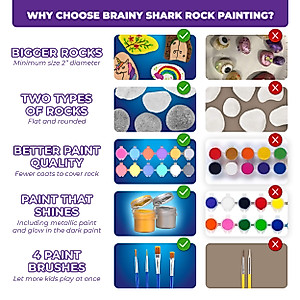 Brainy Shark Rock Painting Kit for Kids - Children's Arts and Crafts Set - 8 Rocks, 12 Paints, 4 Brushes, Googly Eyes, Metallic Paint Pen, Glitter Glue, Tattoo & Gem Stickers - Gift for Boys & Girls