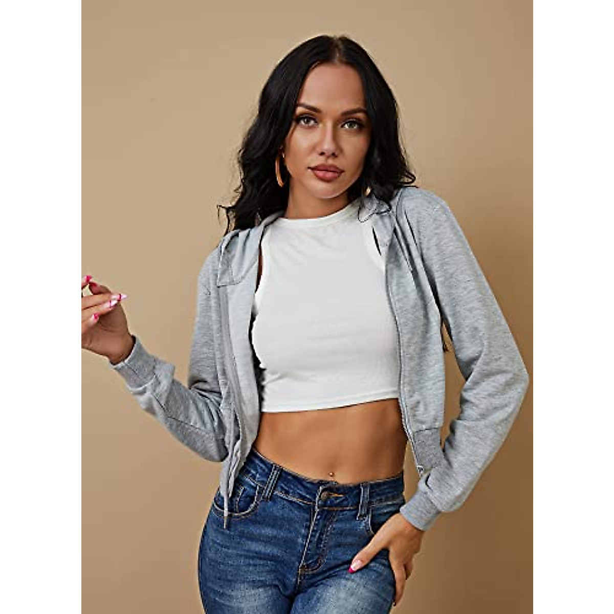 milanpavilion Women's Cropped Zip Up Hoodie Sweatshirt Long Sleeve Zipper Basic Workout Crop Jacket Teen Zipper Hoodie Grey