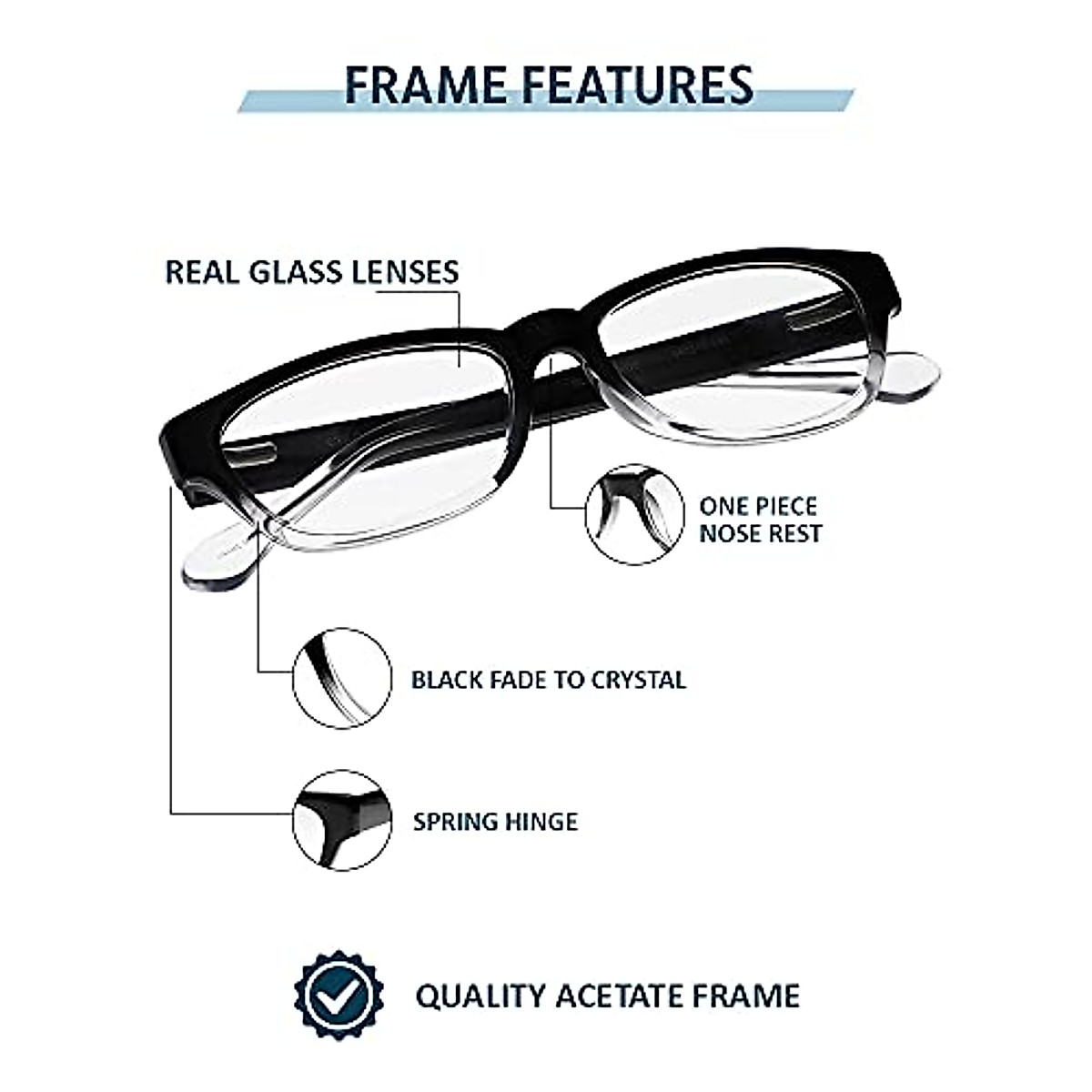 Clear Glass Reading Glasses Real Glass Lenses in Stylish Acetate Frame Available in Reading Magnification +0.25 to +3.00 (+2.75)