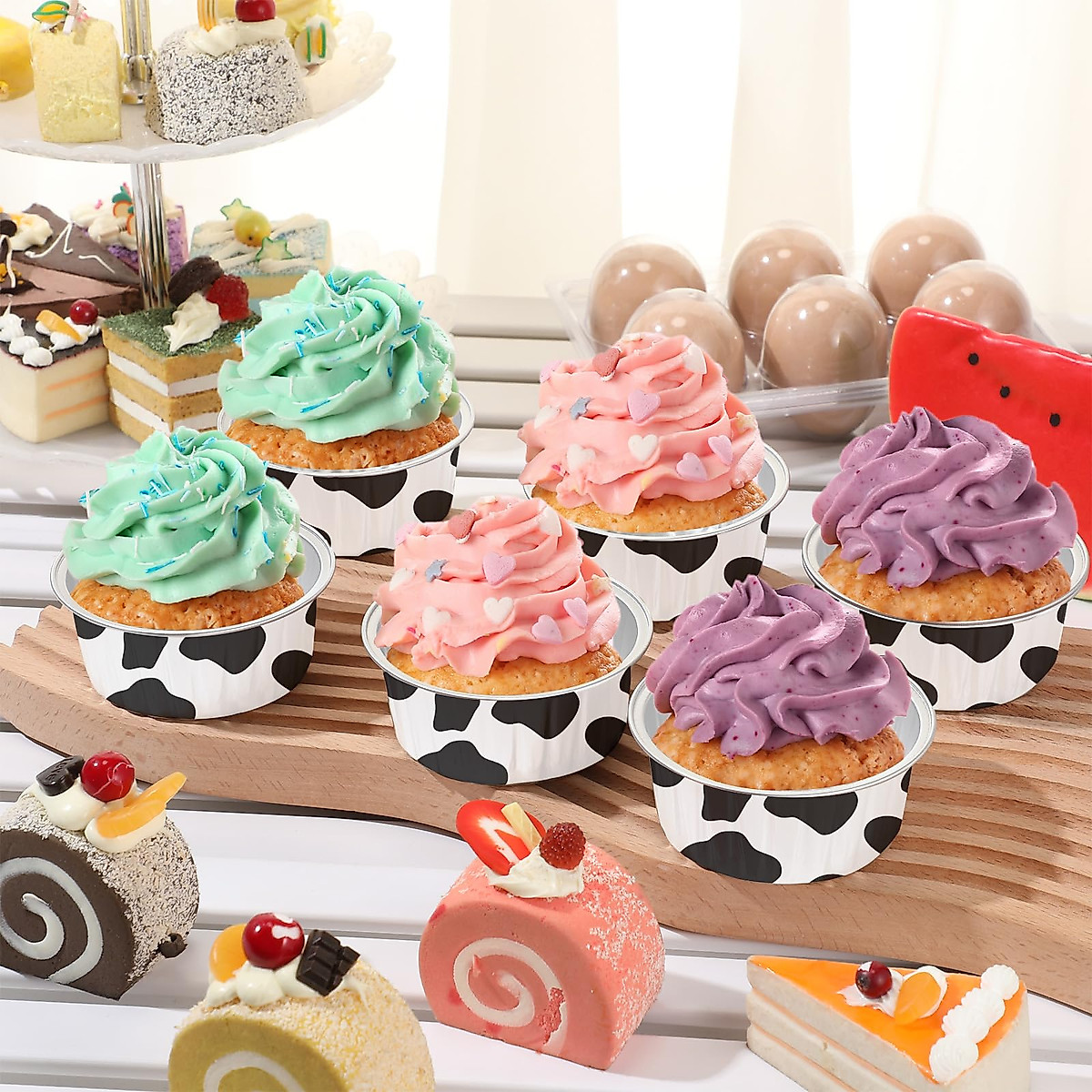 Uiifan 100 Pcs Aluminium Foil Baking Cups with Lids 5oz Cupcake Liners Disposable Ramekin Baking Cups Muffin Tins Cow Print Mini Pie Pans Cake Wrappers Containers with Spoon for Birthday Wedding Party