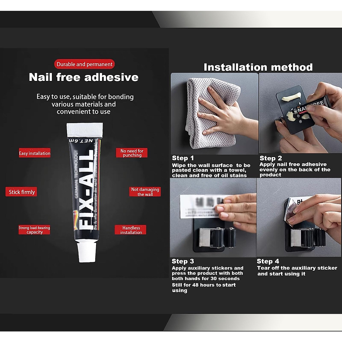 Free Eagle Holder Wall Mount, 6 Packs Tool Storage & Laundry Closet Room Organizer, Adhesive Utility & Garage Storage Rack Cabinet, Mop & Broom Stainless Hanger, 1 Racks With 1 Hooks (01 black)