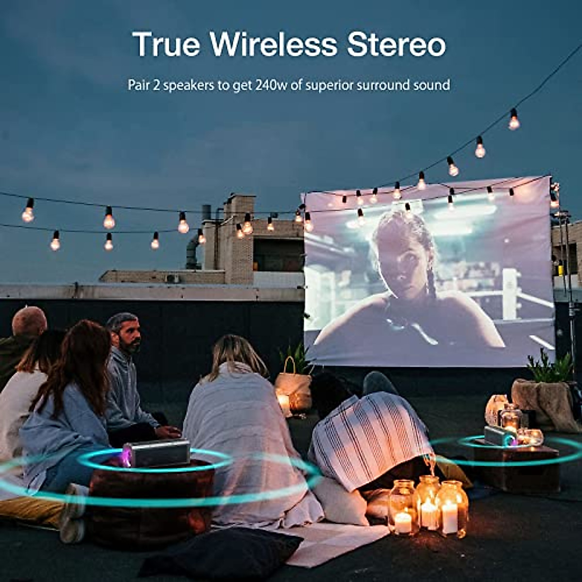 BlitzMax WA3 PRO 120W 360° Surround Stereo TWS Portable Wireless Bluetooth 5.0 Mini Speaker with Microphone,Waterproof,4 RGB Light,3 EQ Modes,Power Bank,DSP Technology,Outdoor Travel Party,AUX TF USB