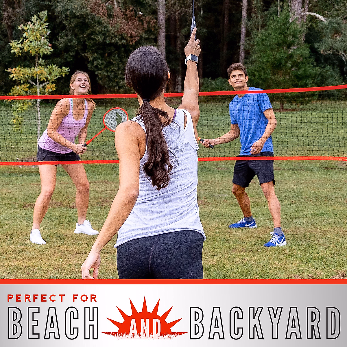 Franklin Sports Elite Badminton Net Set - Includes Badminton Rackets, Poles/Net, Stakes, Ropes, Boundary Kit - Beach or Backyard Volleyball Badminton- Easy Setup,Black