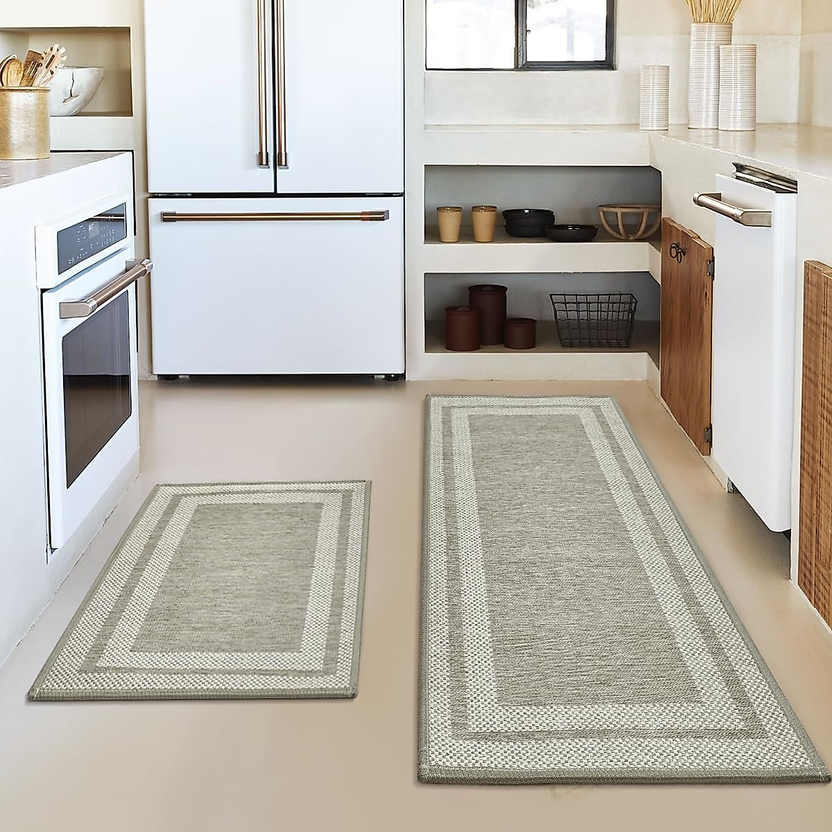 Artoid Mode Rubber Non-Slip Washable Absorbent Kitchen Rugs and Mats Set of 2, Kitchen Mats for Floor Kitchen Runner Hallway Laundry Room in Front of Sink Beige Grey - 17x29 and 17x47 Inch