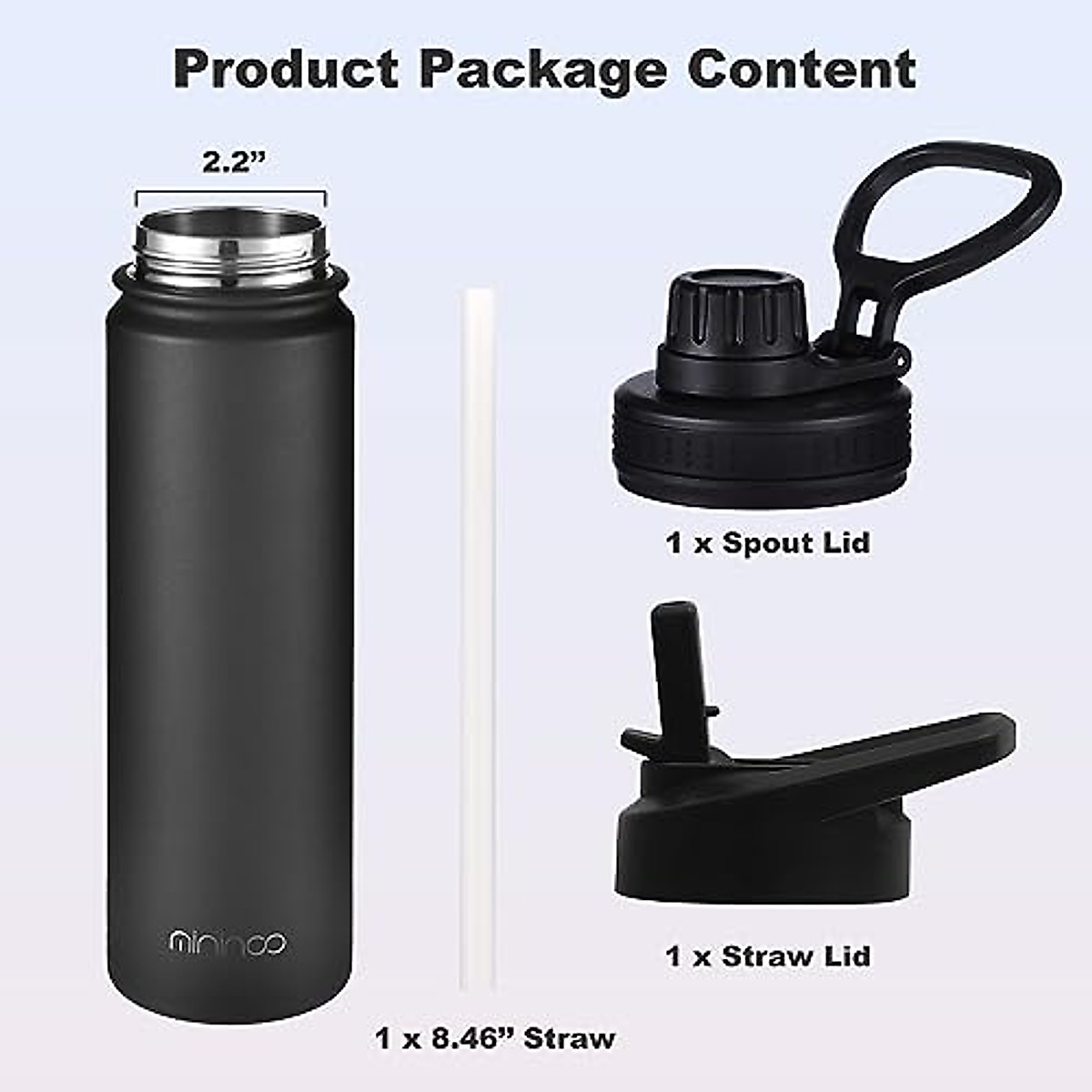 Mininoo 24 oz Insulated Water Bottle with Straw, Stainless Steel Double Wall Vacuum Thermos with Straw Lid & Chug Lid, Leak Proof, BPA Free, Keep Cold for 24H & Hot for 12H(Black)