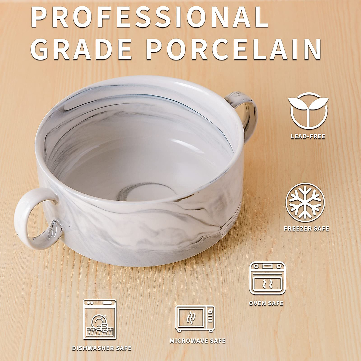 Yundu 26 Ounces Grey Marble Porcelain Bowls with Handles, French Onion Soup Bowls, Microwave and Oven Safe Bowls - Stackable Handled Bowls Set of 4