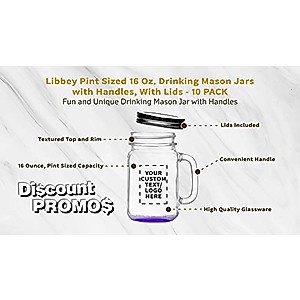 10 Libbey Handle Mason Jars with Lids Set, 16 oz. - Personalized Text, Logo - Traditional style, Drinking, Glassware - Purple