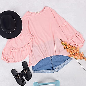 Anna-Kaci Womens Long Lantern Sleeve Soft Loose Baggy Tops T-Shirt Pullover, Rose, Small