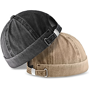 2 Pieces No Brim Hats for Men Women Casual Brimless Caps Cotton Cowboys Beanie Adjustable Docker Hat Retro Visor-Less Flip Cap Cool Sailor Skullcap Rolled Cuff Harbour Beanies (Black, Khakii)