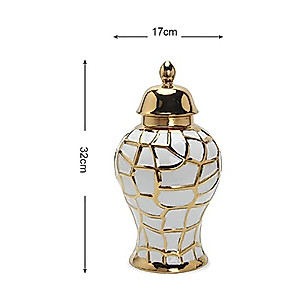 Gralara Luxury Vase Ceramic Ginger Jar with Lid, Decorative Temple Jar, Tea Tin/Tea Storage Flower Vase for Home Kitchen Dining Decoration, White Gold
