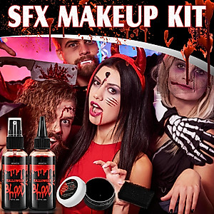 4PCS Halloween Fake Blood Makeup Kit, [Coagulated Blood + Fake Blood Spray 60ML + Dripping Blood 60ML + Black Stipple Sponge], Fake Blood Washable for Clothes Face SFX Wound, Vampire