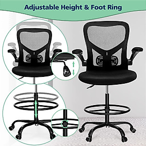 Drafting Chair,Tall Standing Desk Chair Comfortable Office Chair with Foot Ring Flip-up Padded Arms Height Adjustable Computer Task Chair Ergonomic Mesh Mid-Back Desk Chair,Black