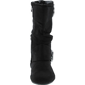 Link Klein-70K Girl's Kid's Faux Suede Two Buckle Zipper Flat Heel Mid Calf Slouchy Boot Shoes,Black,9