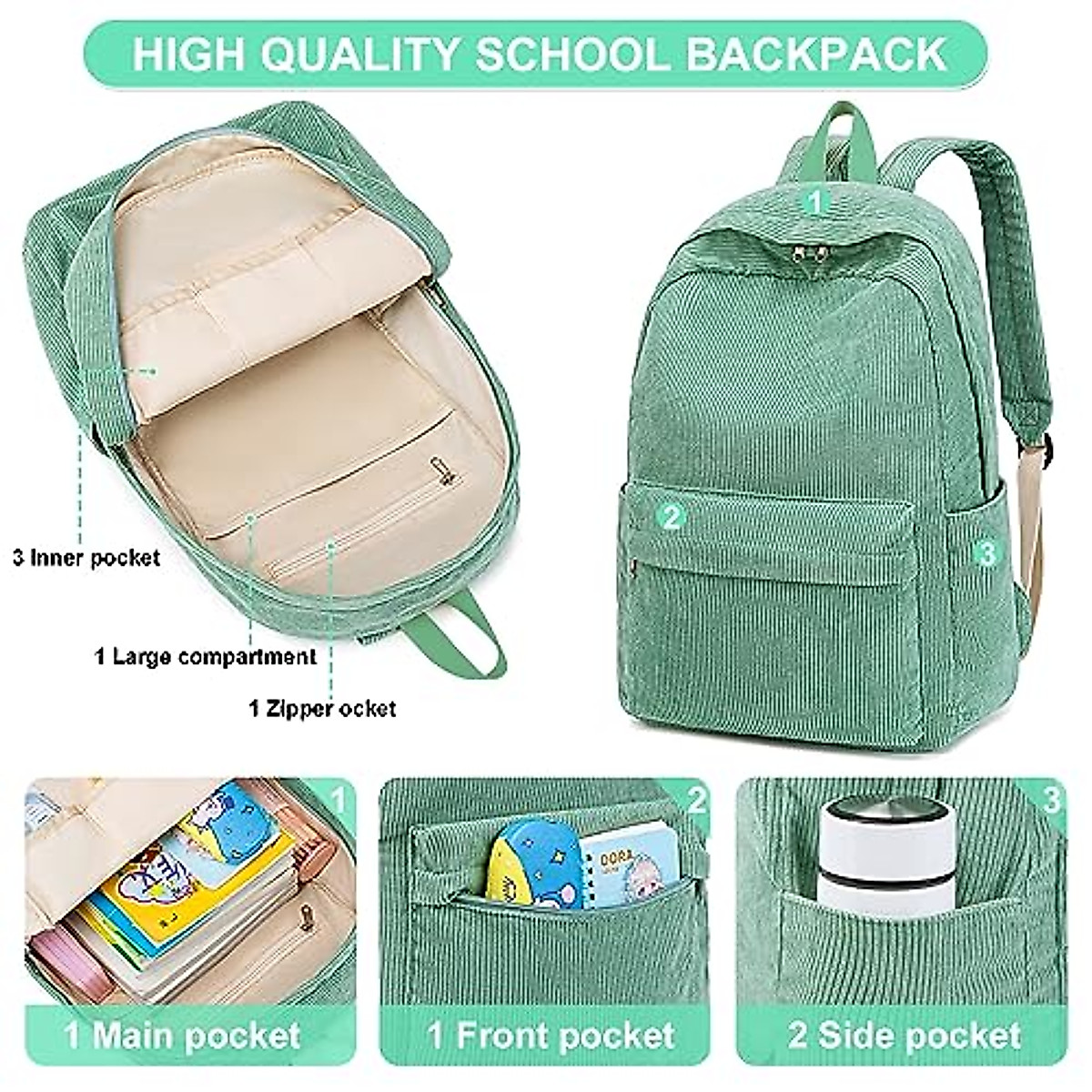 School Backpack for Teens Large Corduroy Bookbag Lightweight 17 inch Laptop Bag for Girls Women Casual High School College Work (Green, 17 inch)