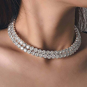 JONKY Rhinestone Choker Necklace Silver Chokers Crystal Layered Necklaces Sparkly Prom Party Collar Neck Jewelry for Women