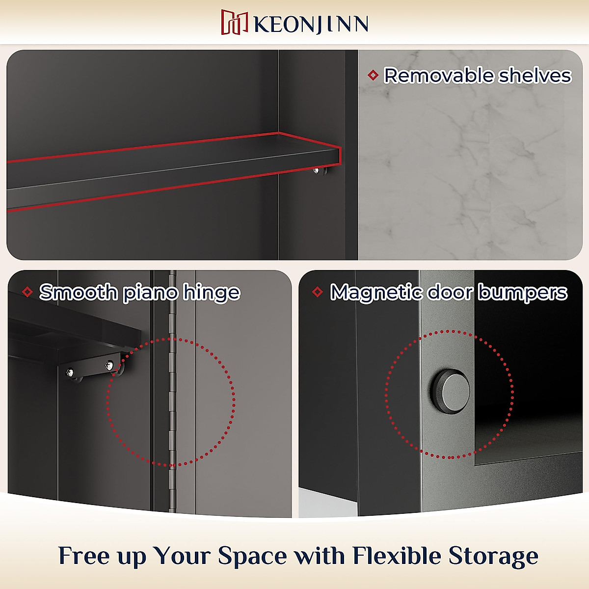 Keonjinn 21" x 27" Black Bathroom Medicine Cabinets with Mirror, Recessed or Surface Wall-Mounted Aluminum Alloy Metal Framed Beveled Mirror, Single Door Farmhouse Bathroom Mirror with Storage Cabinet