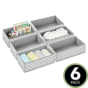 mDesign Fabric Drawer Organizer Bins, Kids/Baby Nursery Dresser, Closet, Shelf, Playroom Organization, Hold Clothes, Toys, Diapers, Bibs, Blankets, 6 Pack - Gray/White Polka Dot
