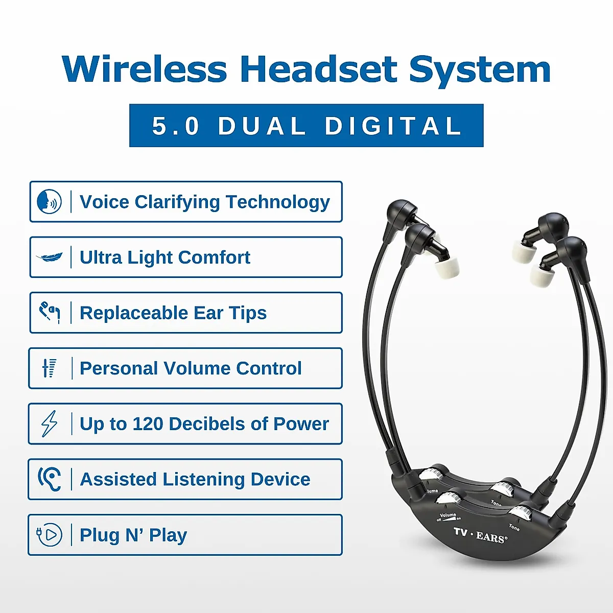 TV Ears Dual Digital Wireless Headset System - Use 2 Headsets at same time w/ Different Volume, Supports All TVs, Ideal for Seniors & Hearing Impaired, Infrared, Plug N' Play - Dr Recommended - 11841