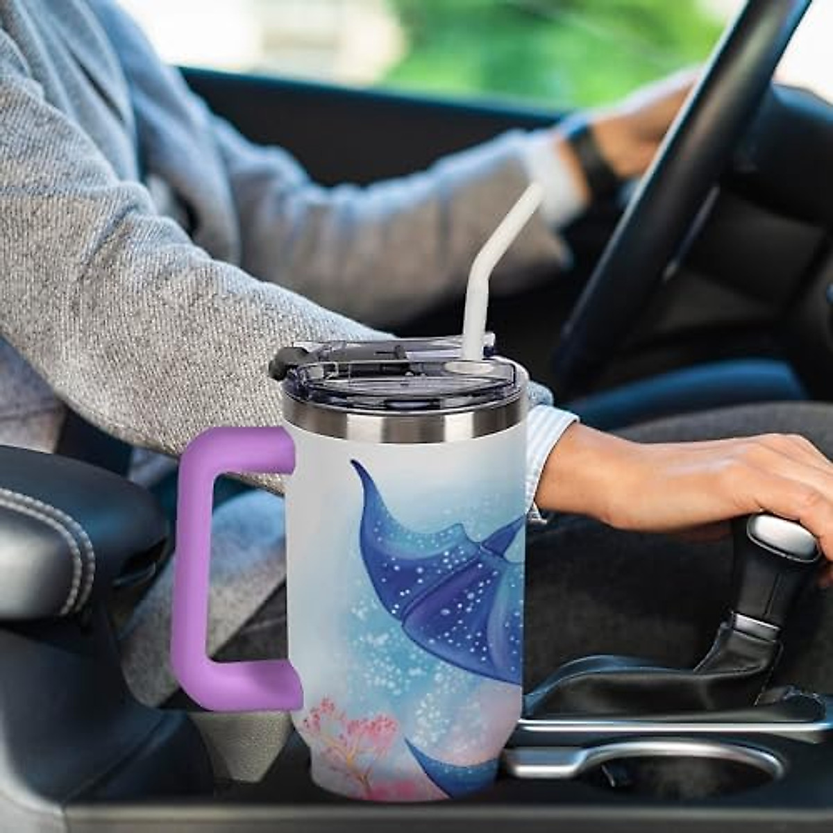 WYUSPGK 40oz Stainless Steel Car Mug, Sea Animals Stingrays Print Travel Mug, Double-Wall Insulated with Straw, Perfect for Car, Office, Outdoor