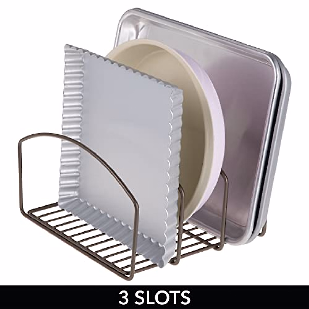 mDesign Steel Cookware Holder, Storage Organizer Rack with Three Slots for Kitchen Cabinet, Pantry, Holds Pans, Pots, Lids, Cookie Sheets, Cutting Boards - Concerto Collection - Bronze