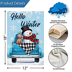 Hello Winter Garden Flag 12x18 Double Sided, Burlap Small Vertical Buffalo Check Plaid Winter Truck Garden Yard House Flags with Snowman Dog for Winter Outside Outdoor Decoration (ONLY FLAG)