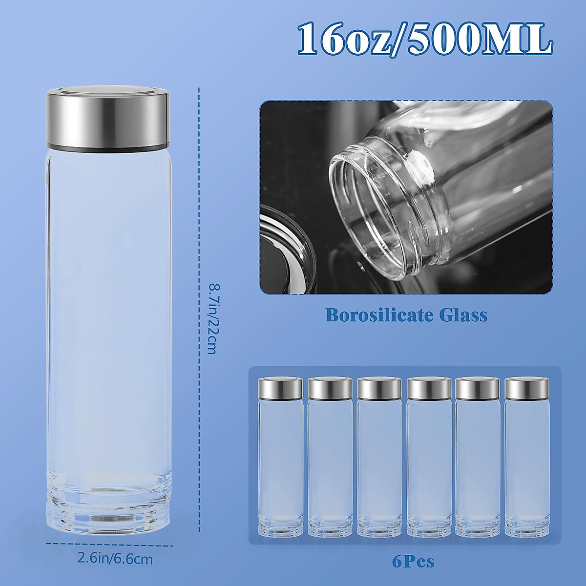 SUNNOW Clear Water Bottles Bulk, 6 Pack 16 oz Borosilicate Glass Water Bottle, Wide Mouth & Dishwasher Safe & Leak Proof & Reusable Gift for Women Men Teacher Nurse