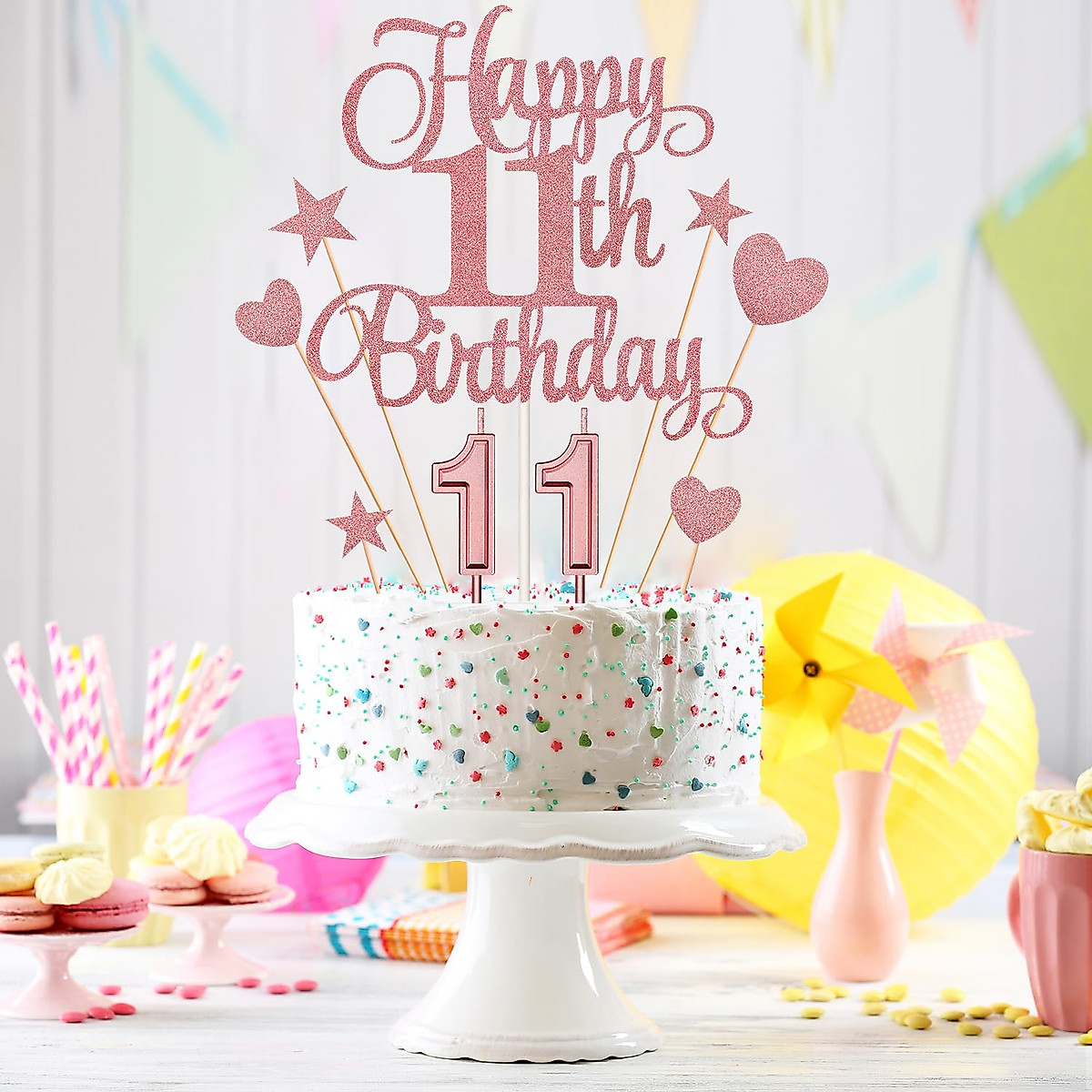 11th Birthday Cake Decorations Set Include 11th Birthday Candles Numeral 11 Cake Candles and Happy 11th Birthday Cake Toppers with Heart Star Cupcake Picks for Birthday Party (Rose Gold Series)