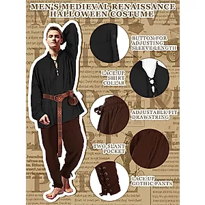 Panitay 4 Pcs Halloween Men's Medieval Costume Set Renaissance Pirate Shirt Pants Viking Belt Retro Pouch Outfit for Cosplay(X-Large,Black, Dark Brown, Brown)