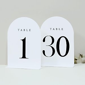 JINMURY White Arch Acrylic Table Numbers 1-30 with Stand, 5x7" White Arch Acrylic Sign and Holder Wedding Table Numbers for Reception, Centerpiece, Event (White, Black Font 1-30, 5x7 Inch)