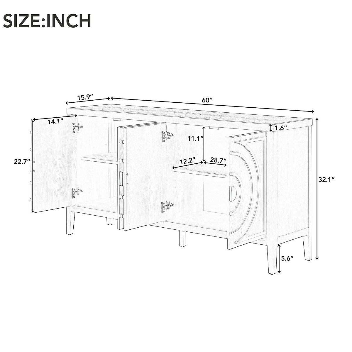 P PURLOVE Retro Accent Sideboard Cabinet with 4 Doors, Freestanding Storage Console Table with Circular Groove Design and Metal Door Handle, Wooden Sideboarddoor for Dining, Hallway (Gray)