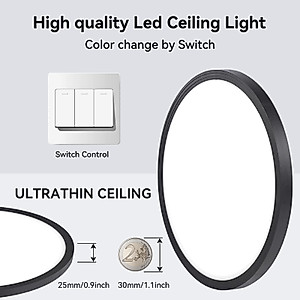 RGZZUP 28W LED Flush Mount Ceiling Light, Shell 3 Color Changeable (3000K/4000K/6000K),120V Slim Surface Mount Ceiling Light Lighting Fixture for Kitchen Bedroom Living Room (Black-4 Pack)