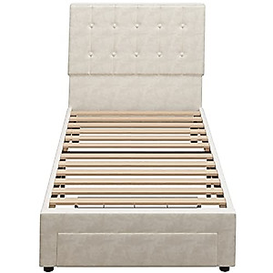 LIKIMIO Twin Bed Frame with XL Under-Bed Drawer, Velvet Upholstered Platform Bed Frame with Headboard, No Box Spring Needed/Noise-Free, Beige