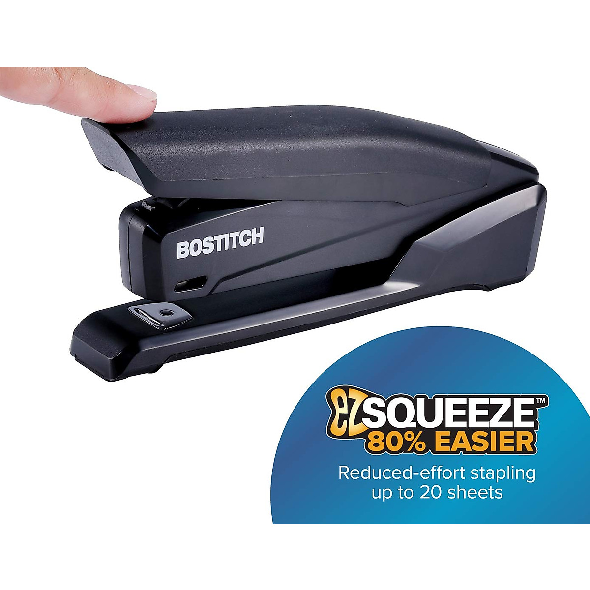 Bostitch Office Executive 3 in 1 Stapler, includes 210 Staples and Integrated Staple Remover, One Finger Stapling, No Effort, 20 Sheet Capacity, Spring Powered Stapler, Black (INP20-BLK)