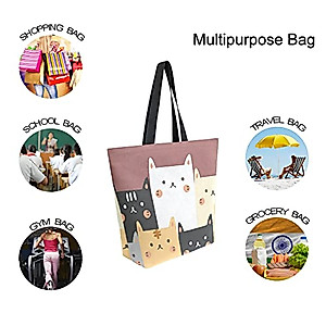 ALAZA Cut Cat Kitten Print Kawaii Large Canvas Tote Bag Shopping Shoulder Handbag with Small Zippered Pocket