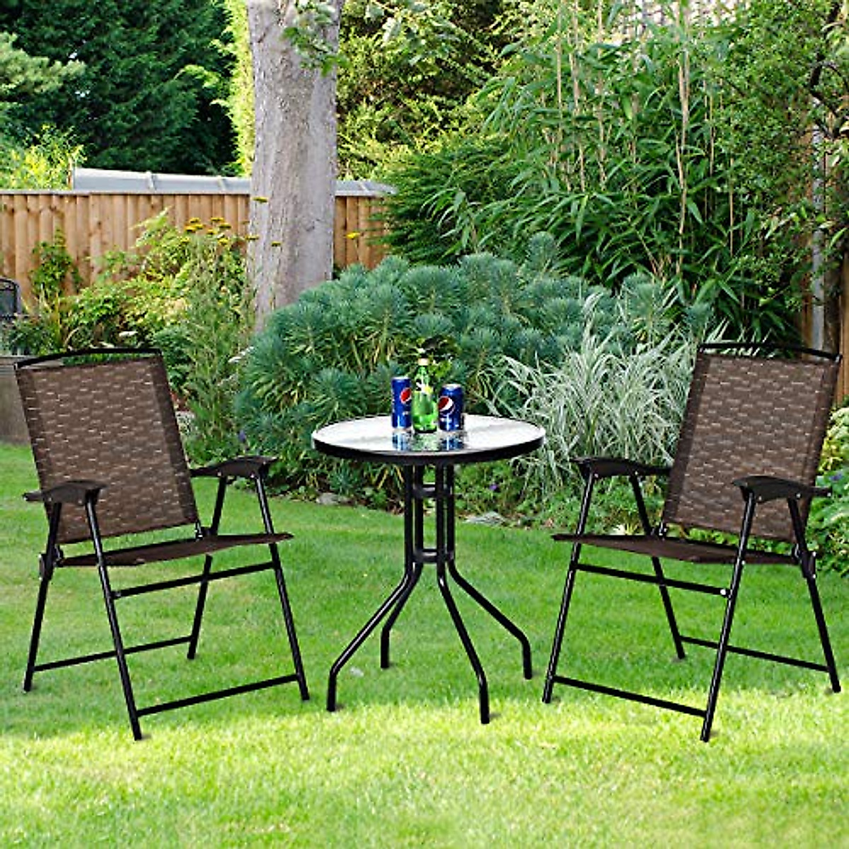 Goplus Patio Bistro Set, 3-Piece Patio Dining Furniture Set with Round Tempered Glass Table, 2 Foldable Chairs, Small Outdoor Folding Chairs & Table Set for Porch Garden Pool Yard