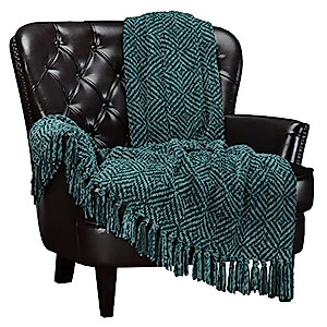 Chanasya Soft Teal Chenille Knitted Diamond Textured Decorative Throw Blanket - Geometric Lightweight Luxury Fuzzy Decor with Tassels for Couch Sofa Bed Chair Bedroom Living Room (50x65 Inches)