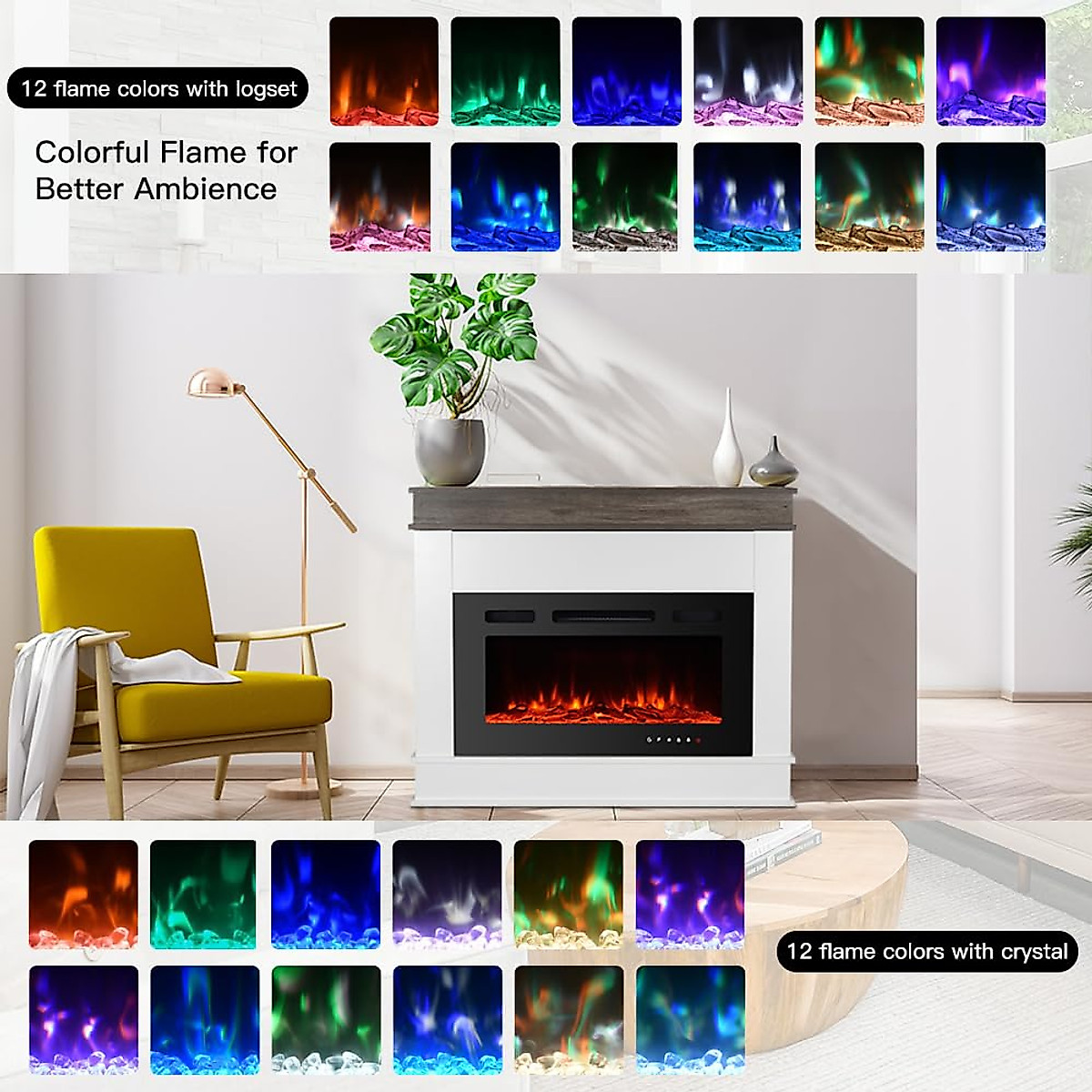 Maxhonor Electric Fireplace Wall Mounted Insert Heater, Glass Panel with Touch Screen or Remote Control, 1500/750W (Black, 30'')