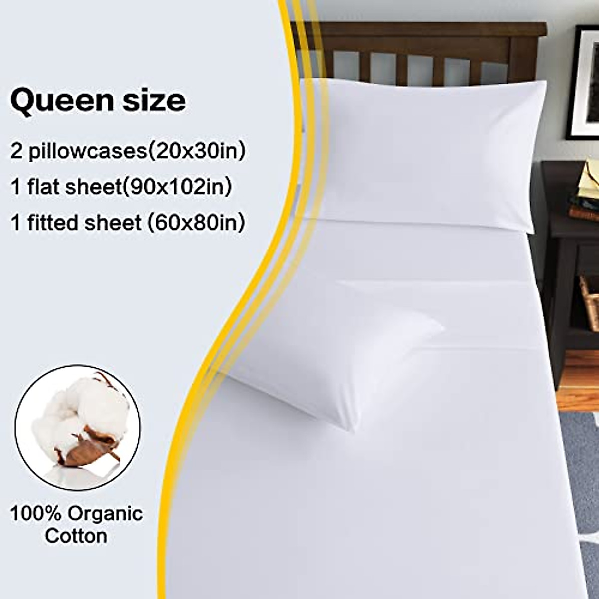 EASELAND Queen Cotton Sheet Set, 400TC, Deep Pocket, 4 Piece, White