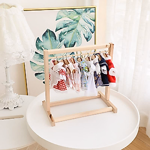 TANG SONG 1 Pack Small Wood Clothes Rack Doll Hanger Dress up Storage Clothes Organizer Storage Shelf with 10 Pcs Wood Hangers