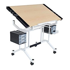 Studio Designs Pro Craft Station with Casters, Tilting Top, and Storage in White/Maple