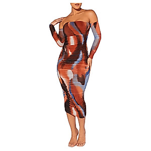 GORGLITTER Women's Tie Dye Bodycon Dress Off The Shoulder Ruched Long Sleeve Midi Dresses Multicolor Large