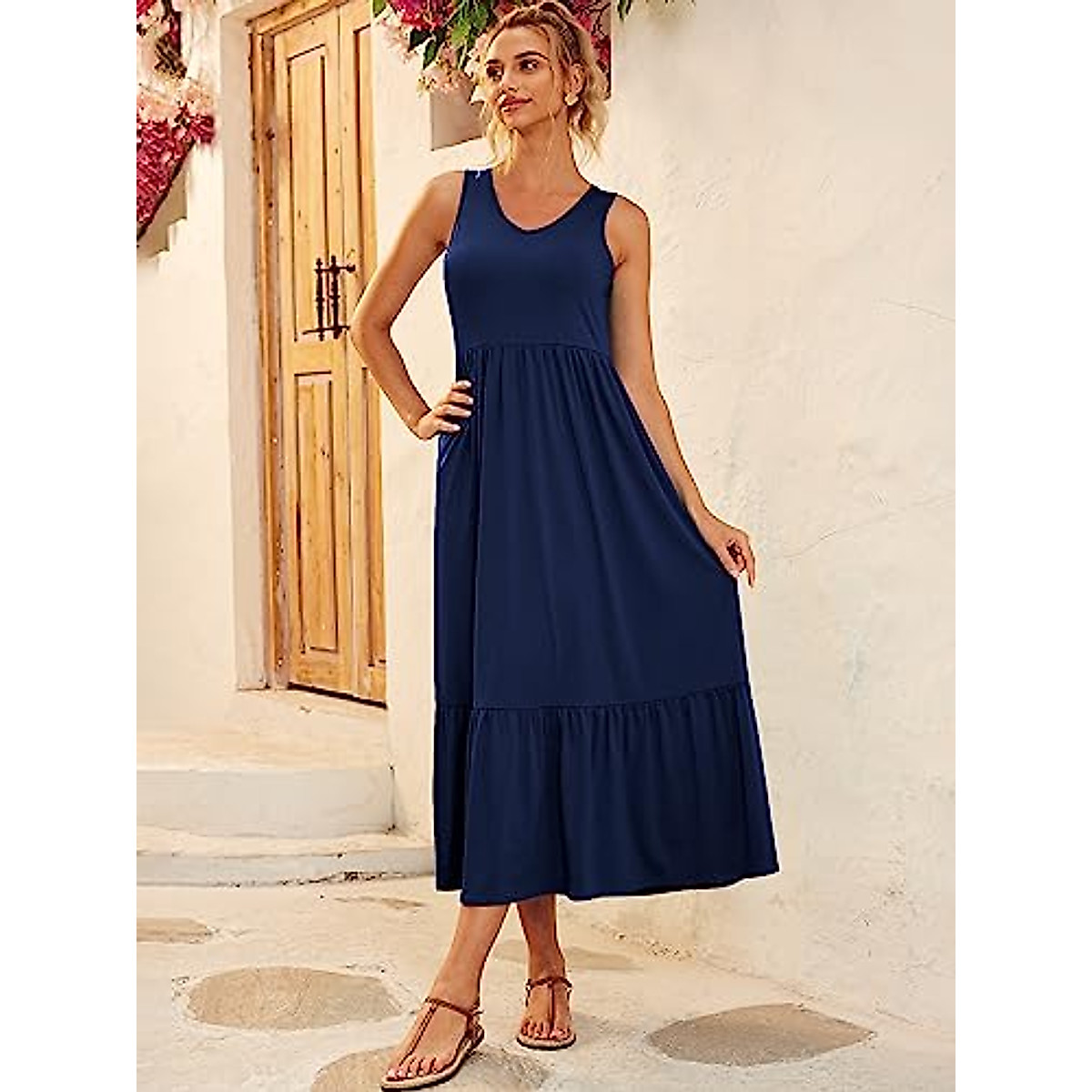 LILLUSORY Women's Summer Sleeveless V Neck Flowy Swing Dresses Casual Tiered Long Maxi Dress with Pockets Navy Blue