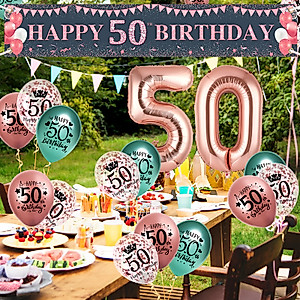 Rose Gold 50th Birthday Party Decorations for Women 50th Birthday Banner and 18pcs 50th Birthday Balloons for Women 50th Happy Birthday Banner for Anniversary Birthday Party Supply Garden Yard Decor
