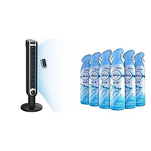 Lasko Oscillating Tower Fan, Remote Control, 3 Speeds, for Bedroom, Kitchen, Office, 36", Black, 2511 and Febreze AIR Effects Air Freshener Linen & Sky, 8.8 oz (Pack of 6)