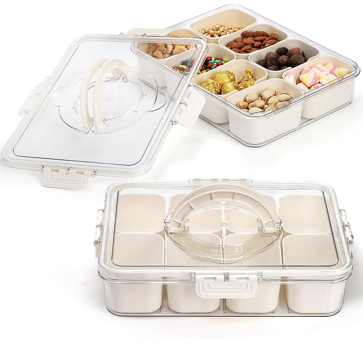 SOUJOY 2 Pack Divided Serving Tray with Lid and Handle, 8 Compartment Sealed Serving Tackle Box, Portable Food Storage Containers for Candy, Fruits, Nuts, Snacks, Party, Entertaining