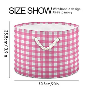 Gingham Hot Pink Plaid Storage Basket Round Collapsable Waterproof Decorative Baskets with Sturdy Handle Decoration for Toy Toy Cloth