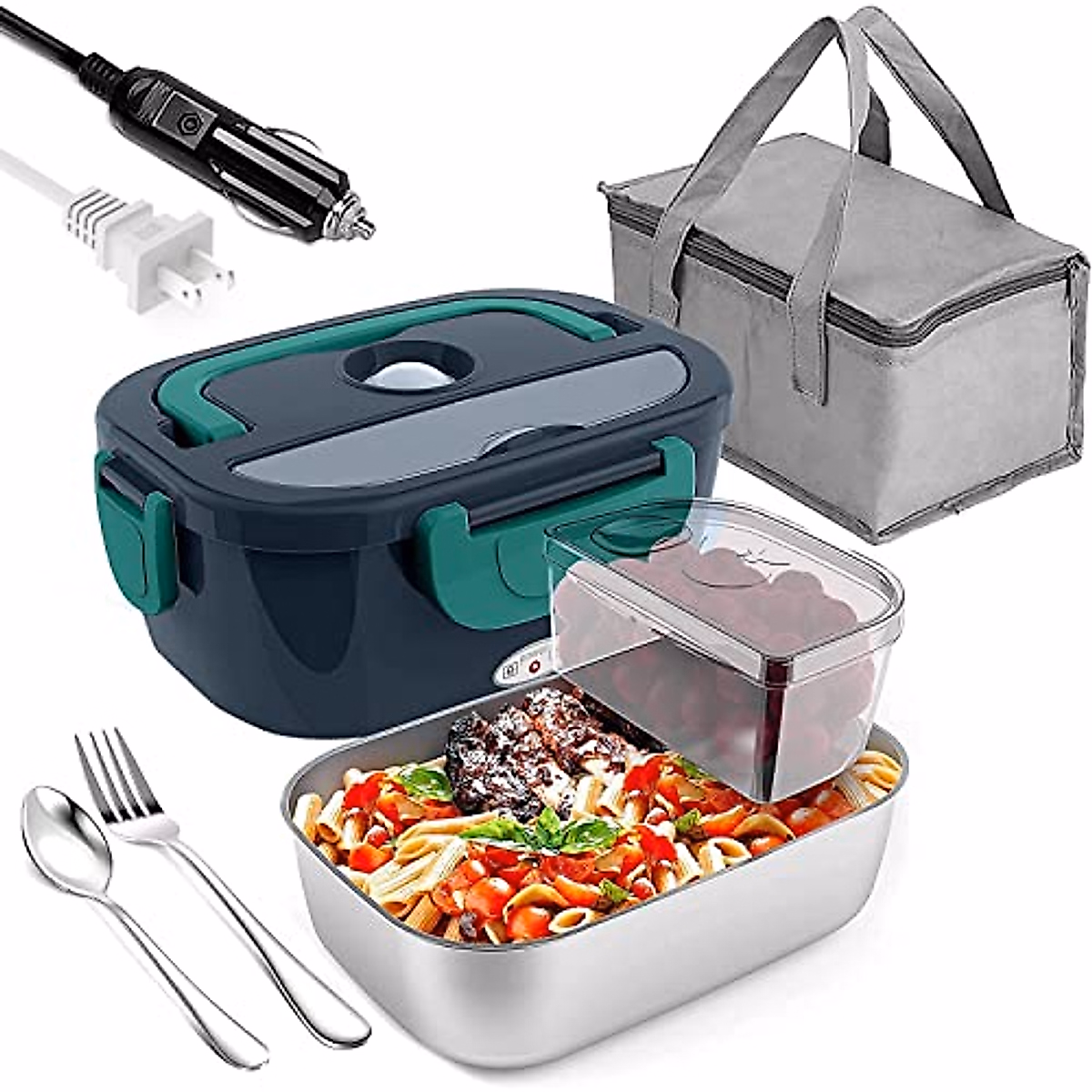 Electric Lunch Box, Electric Lunch Box Food Heater, 12V 24V 110V 3 in 1 Portable Food Warmer Heater for Car/Truck/Home with 1.5L Removable 304 Stainless Steel Container Fork/Spoon and Carry Bag